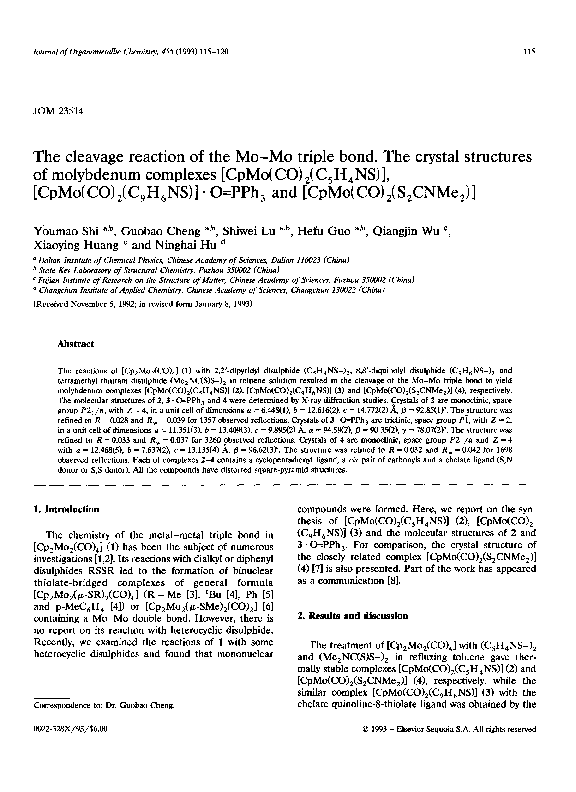 (PDF) The cleavage reaction of the Mo Mo triple bond. The crystal ...