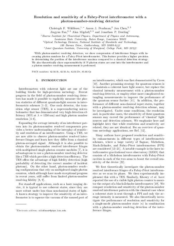(PDF) Interferometry with a photon-number resolving detector | NIST | Christoph Wildfeuer ...