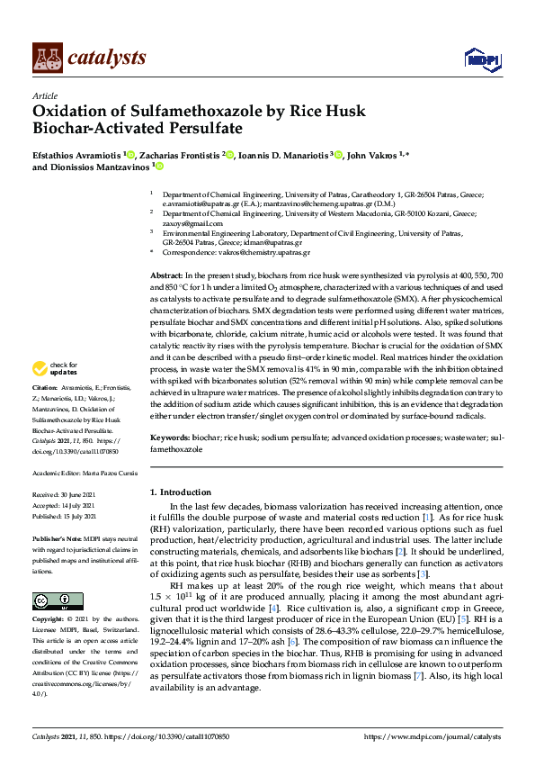 (PDF) Oxidation of Sulfamethoxazole by Rice Husk Biochar-Activated ...