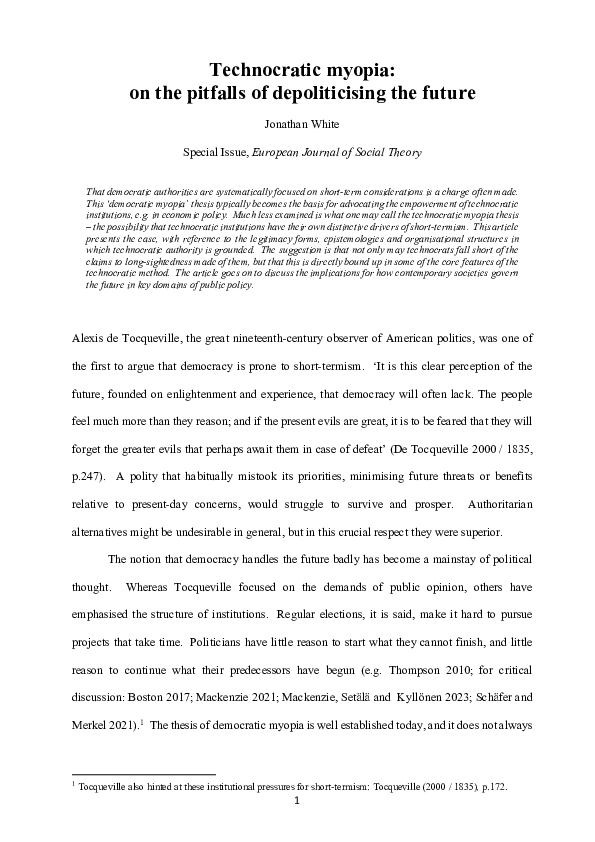 (PDF) Technocratic Myopia: on the pitfalls of depoliticising the future (European Journal of ...