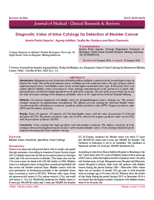(PDF) Diagnostic Value of Urine Cytology for Detection of Bladder Cancer