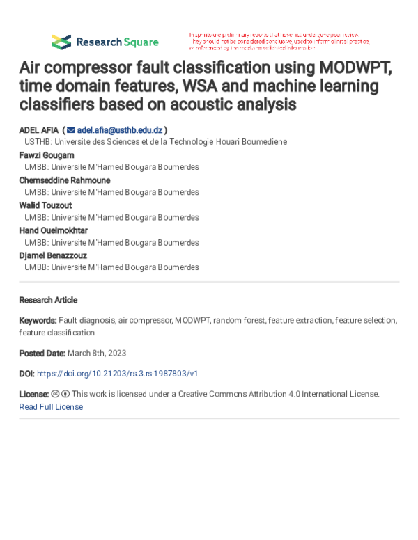 Pdf Air Compressor Fault Classification Using Modwpt Time Domain Features Wsa And Machine