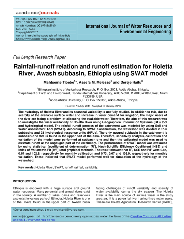 (PDF) Rainfall-runoff relation and runoff estimation for Holetta River, Awash subbasin, Ethiopia ...