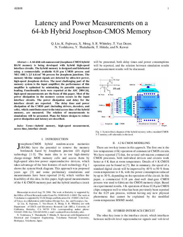 (PDF) Latency and Power Measurements on a 64-kb Hybrid Josephson-CMOS Memory