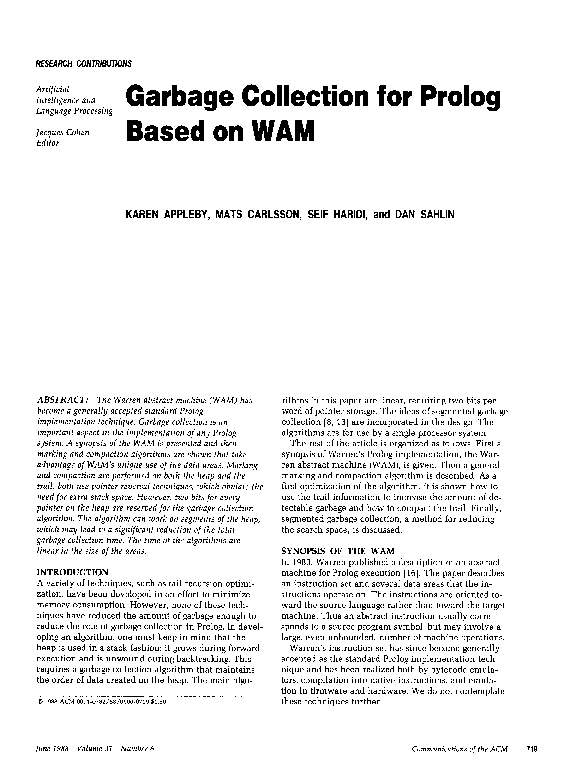 (PDF) Garbarge collection for Prolog based on WAM | Dan Sahlin - Academia.edu