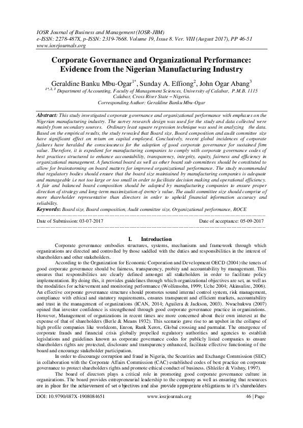 (PDF) Corporate Governance and Organizational Performance : Evidence from the Nigerian ...