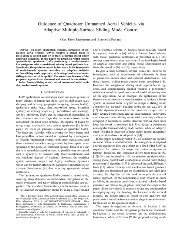 (PDF) Guidance of Quadrotor Unmanned Aerial Vehicles via Adaptive Multiple-Surface Sliding Mode ...