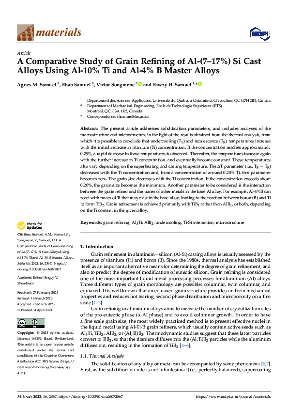 (PDF) A Comparative Study of Grain Refining of Al-(7–17%) Si Cast ...