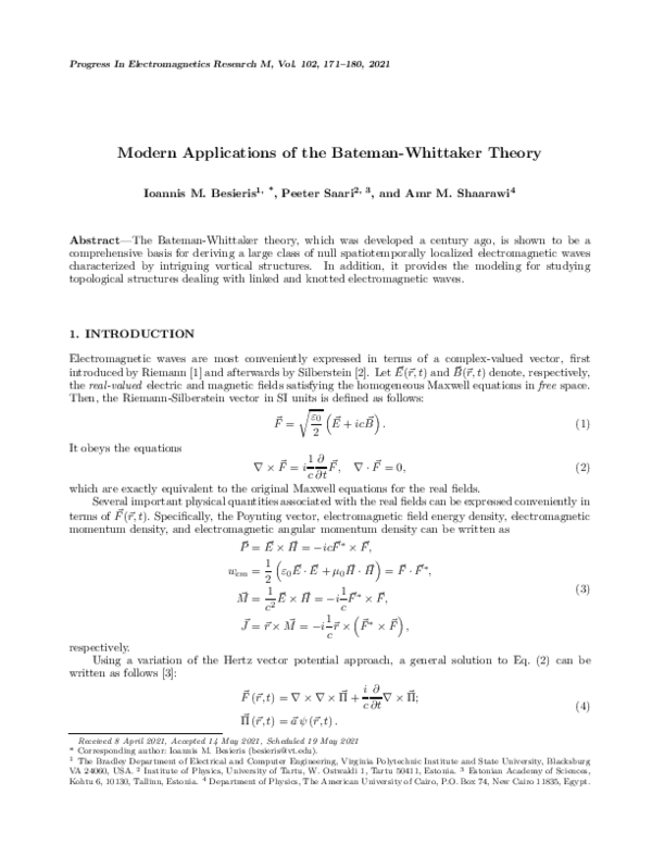 (PDF) Bateman-Whittaker Theory in Electromagnetic Waves