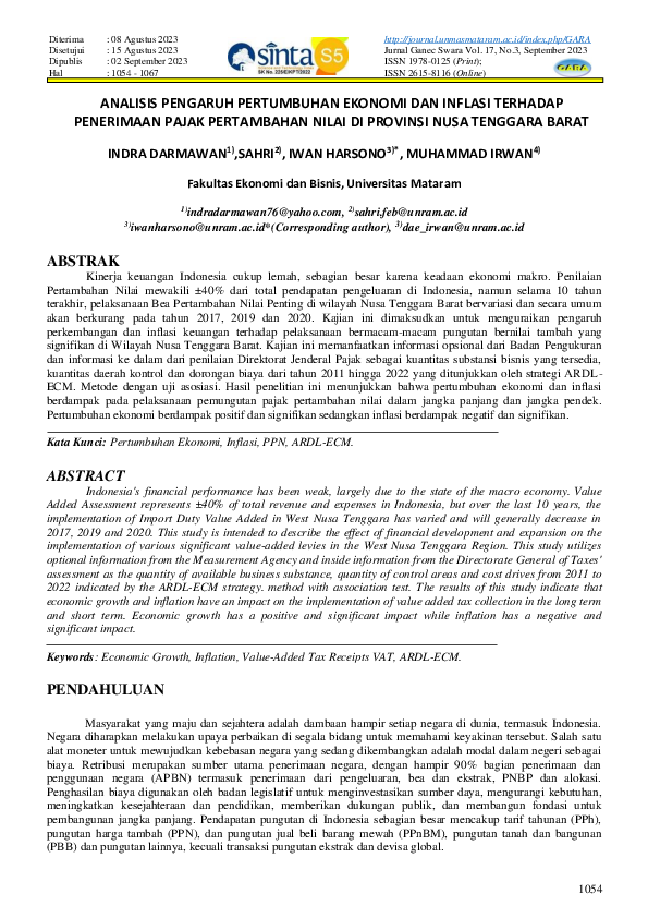 (PDF) Analisis Pengaruh Pertumbuhan Ekonomi Dan Inflasi Terhadap Penerimaan Pajak Pertambahan ...
