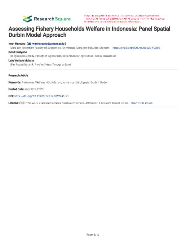 (PDF) Assessing Fishery Households Welfare in Indonesia: Panel Spatial Durbin Model Approach