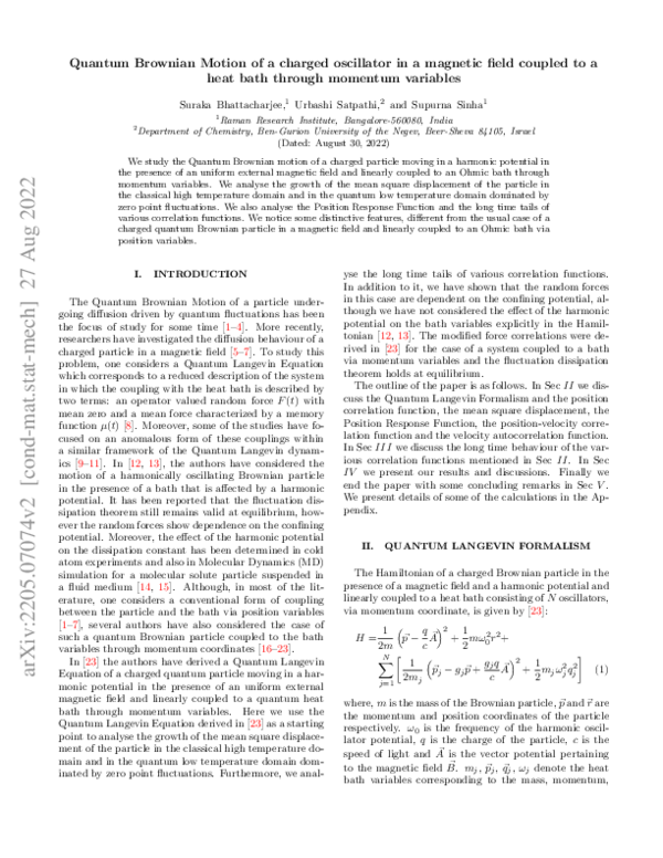 (PDF) Quantum Brownian motion of a charged oscillator in a magnetic field coupled to a heat bath ...
