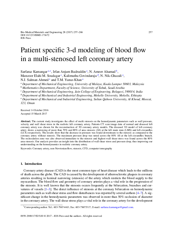 (PDF) Patient specific 3-d modeling of blood flow in a multi-stenosed ...