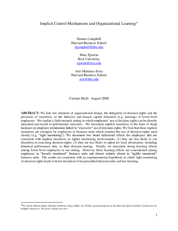 (PDF) Implicit Control Mechanisms and Organizational Learning