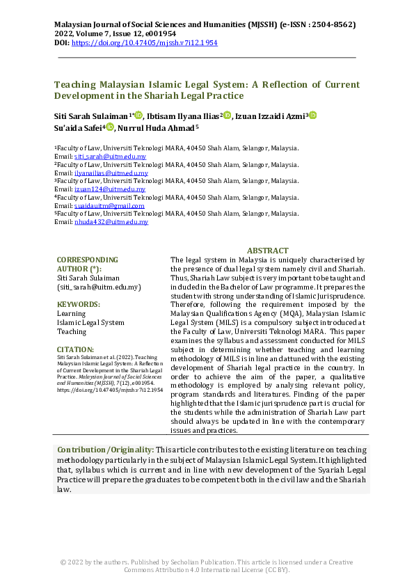 (PDF) Teaching Malaysian Islamic Legal System: A Reflection of Current ...