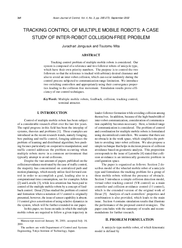 (PDF) Tracking Control of Multiple Mobile Robots: A Case Study of Inter‐Robot Collision‐Free Problem