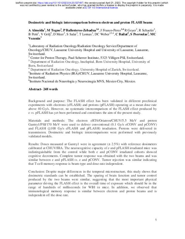 (PDF) Dosimetric and biologic intercomparison between electron and proton FLASH beams