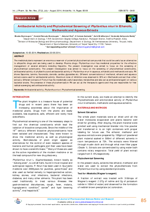 (PDF) Antibacterial Activity and Phytochemical Screening of Phyllanthus niruri in Ethanolic ...