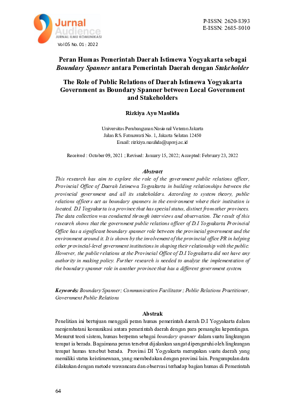(PDF) Peran Humas Pemerintah D.I Yogyakarta sebagai Boundary Spanner ...