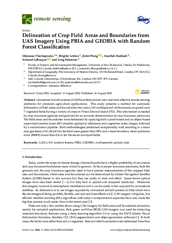 Pdf Delineation Of Crop Field Areas And Boundaries From Uas Imagery Using Pbia And Geobia With
