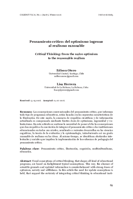 (PDF) Critical Thinking: from the naive optimism to the reasonable realism