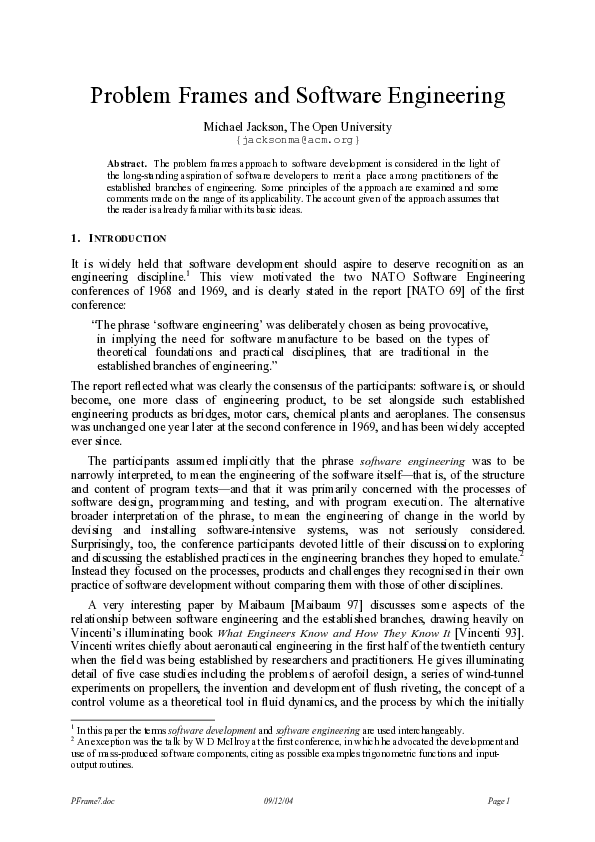 (PDF) Problem frames and software engineering