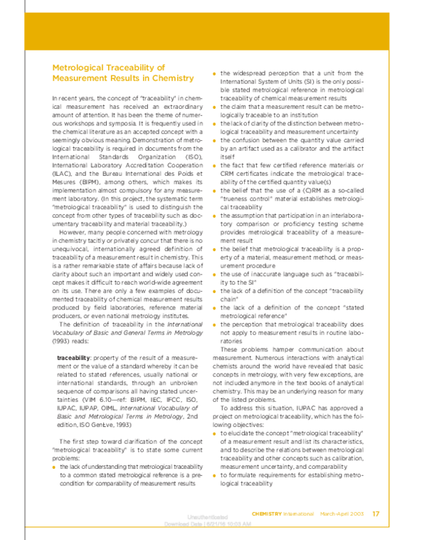 (PDF) Metrological traceability of measurement result in chemistry