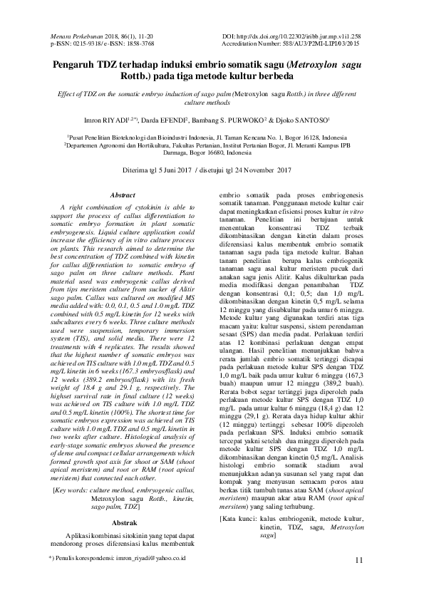 (PDF) Pengaruh TDZ terhadap induksi embrio somatik sagu (Metroxylon ...