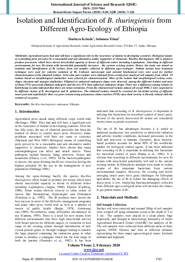 (PDF) Isolation and Identification of B. thuringiensis from Different ...