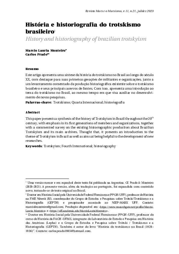(PDF) História e historiografia do trotskismo brasileiro
