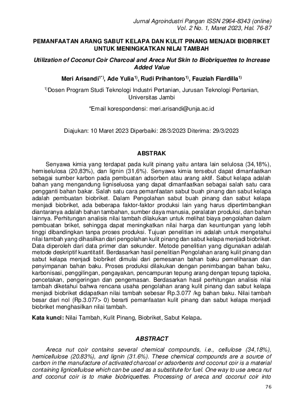 (PDF) Pemanfaatan Arang Sabut Kelapa Dan Kulit Pinang Menjadi Biobriket ...