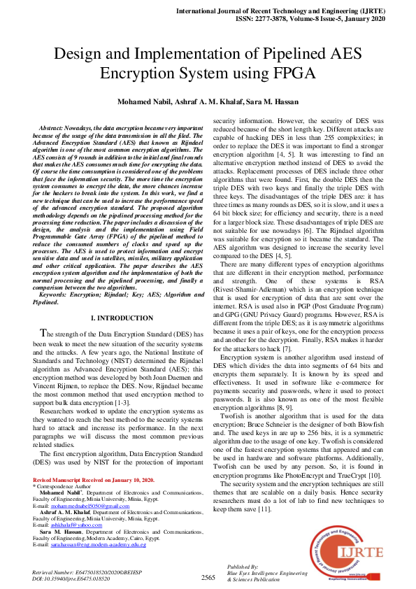 Pdf Design And Implementation Of Pipelined Aes Encryption System Using Fpga
