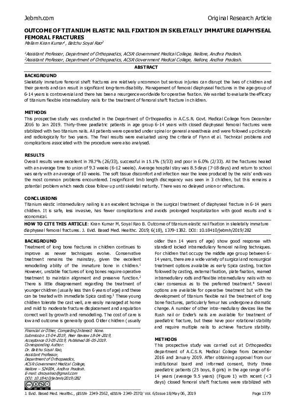 (PDF) Outcome of Titanium Elastic Nail Fixation in Skeletally Immature Diaphyseal Femoral Fractures