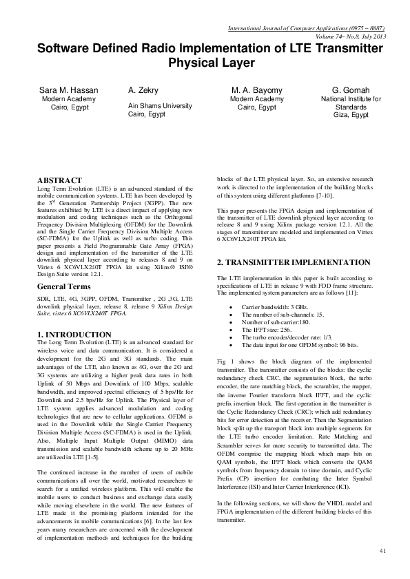 (PDF) Software Defined Radio Implementation of LTE Transmitter Physical ...