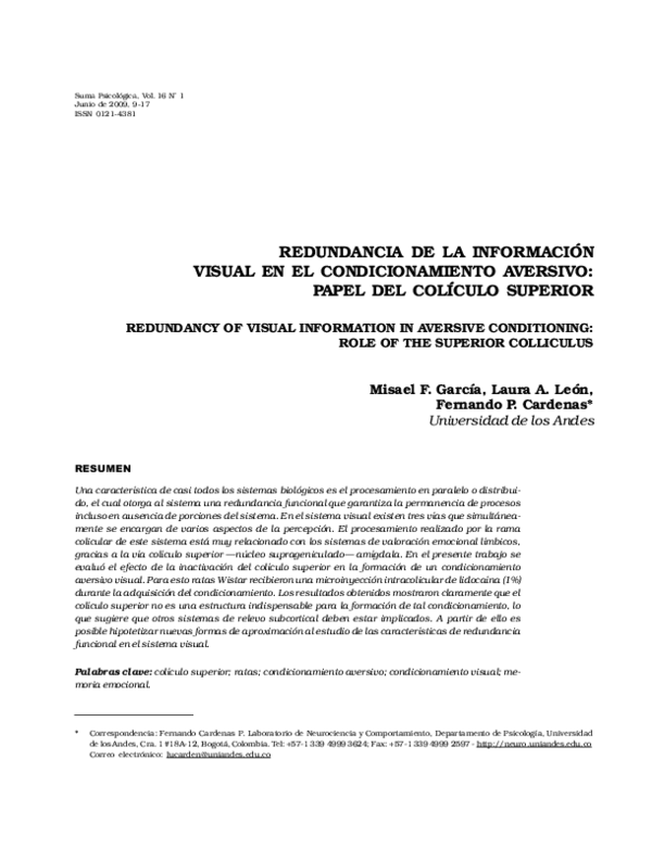 (PDF) Redundancia De La Información Visual en El Condicionamiento Aversivo: Papel Del Colículo ...