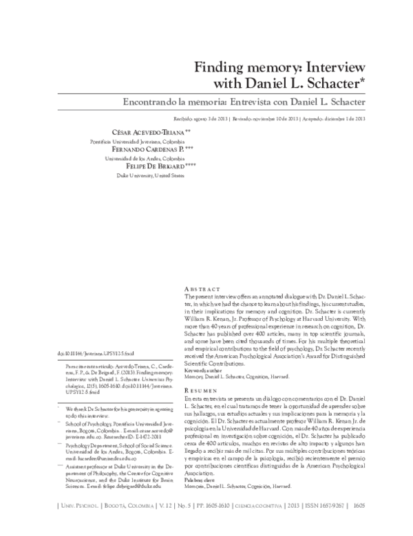 (PDF) Finding memory: Interview with Daniel L. Schacter