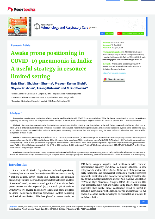 (PDF) Awake prone positioning in COVID-19 pneumonia in India: A useful ...