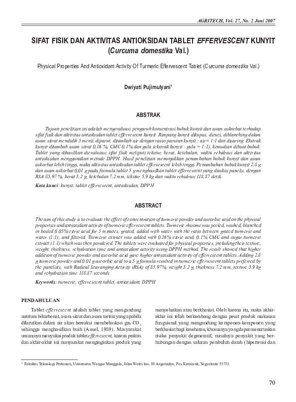 (PDF) Sifat Fisik dan Aktivitas Antioksidan Tablet Effervescent Kunyit ...