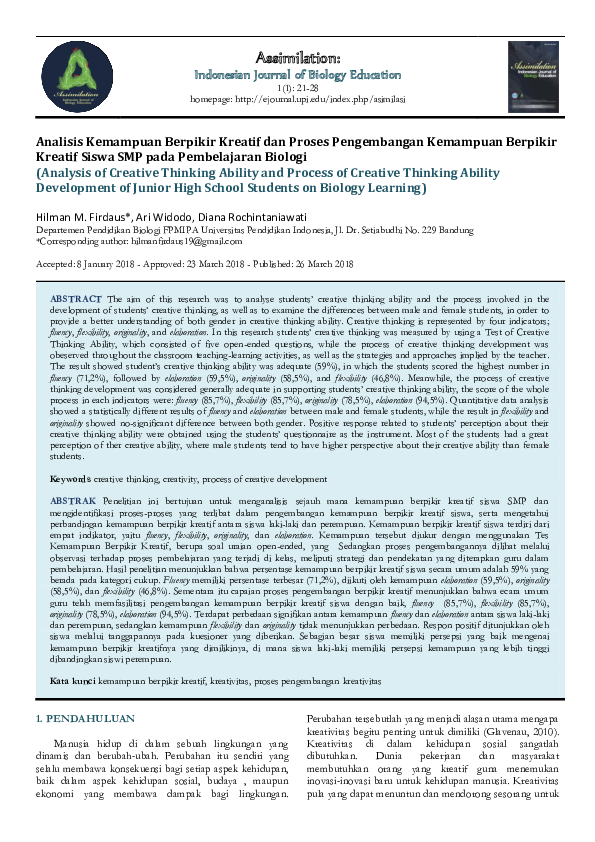 (PDF) Analisis Kemampuan Berpikir Kreatif dan Proses Pengembangan Kemampuan Berpikir Kreatif ...
