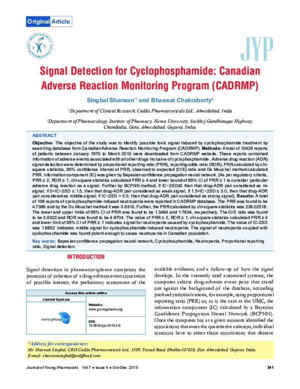 (PDF) Signal Detection for Cyclophosphamide: Canadian Adverse Reaction ...