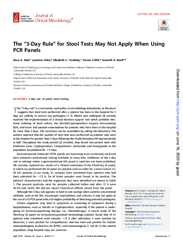 (PDF) The “3-Day Rule” for Stool Tests May Not Apply When Using PCR Panels