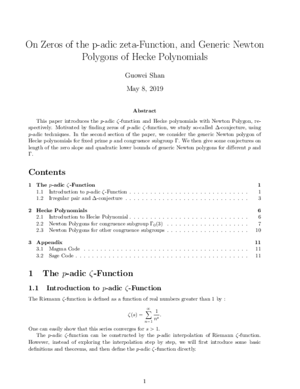 (PDF) On Zeros of the p-adic zeta-Function, and Generic Newton Polygons of Hecke Polynomials