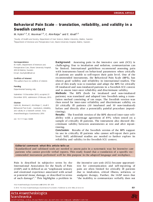 (PDF) Behavioral Pain Scale - translation, reliability, and validity in ...