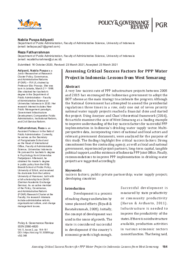 (PDF) Assessing Critical Success Factors for PPP Water Project in ...