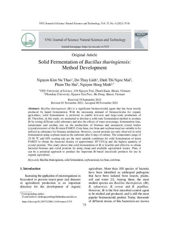 (PDF) Solid Fermentation of Bacillus thuringiensis: Method Development