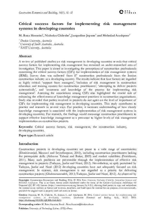 (PDF) Critical success factors for implementing risk management systems in developing countries