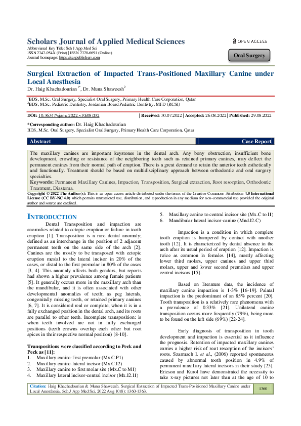 (PDF) Surgical Extraction of Impacted Trans-Positioned Maxillary Canine ...