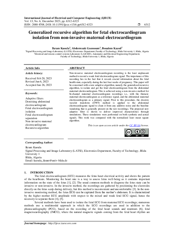 (PDF) Generalized recursive algorithm for fetal electrocardiogram isolation from non-invasive ...