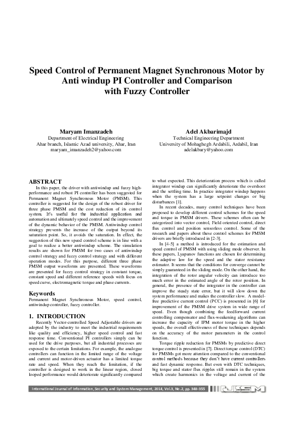 (PDF) Speed Control of Permanent Magnet Synchronous Motor by Antiwindup PI Controller and ...