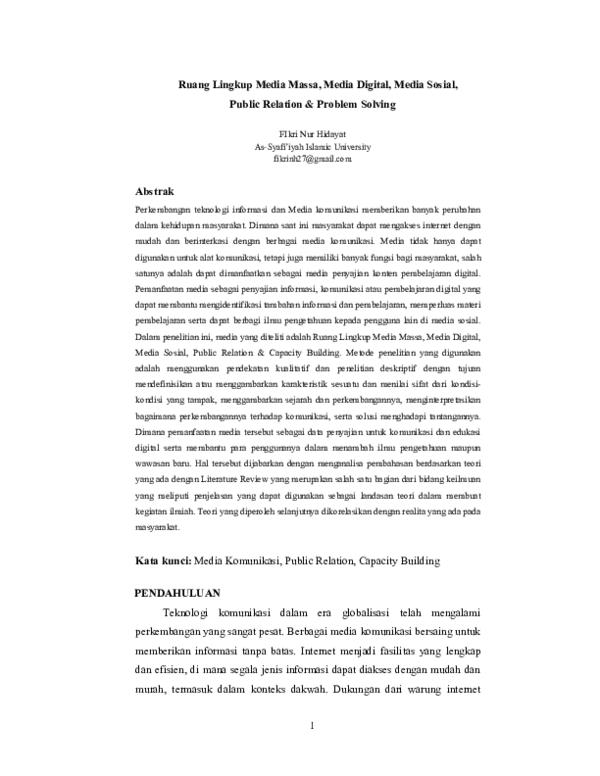 (PDF) Ruang Lingkup Media Massa, Media Digital, Media Sosial, Public Relation & Problem Solving